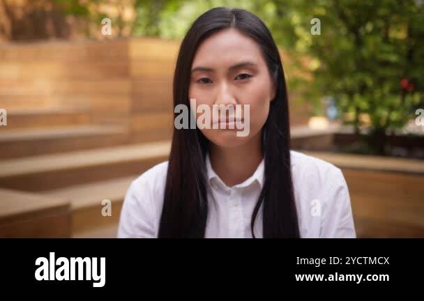 Close up Asian Korean woman businesswoman negative waving shaking head ...