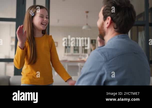 Playful carefree Caucasian family father man daddy male giving high ...