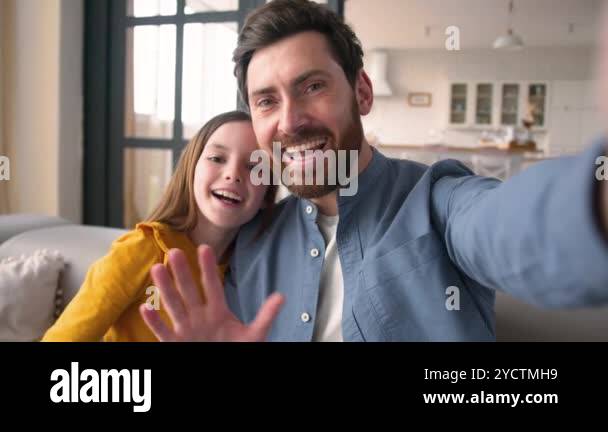 POV phone happy smiling Caucasian family video call dad male parent type screen mobile button ...