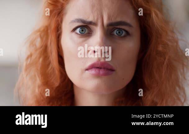 Close up Caucasian woman amazed wonder scared shocked face emotion ...