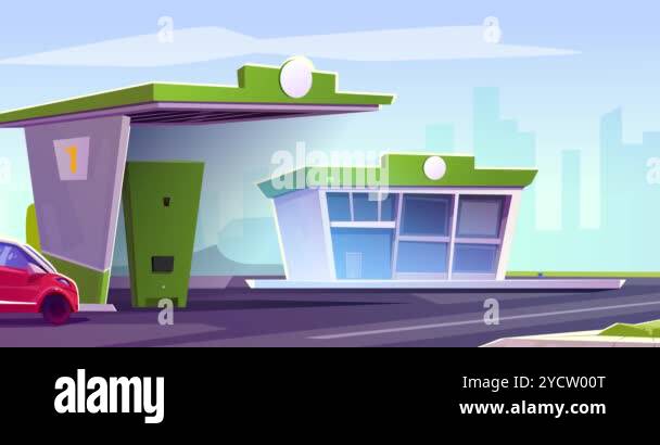 Electric charging station. Moving banner with electric car approaching ...