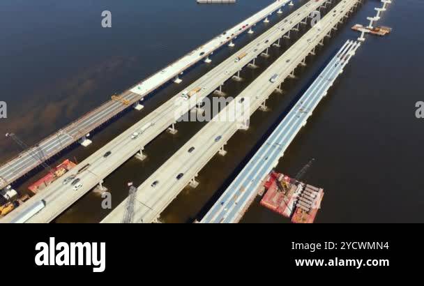 Roadworks construction site on American highway bridge. Expanding ...