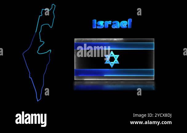 Looping neon glow effect icons, national flag of Israel and map, black ...