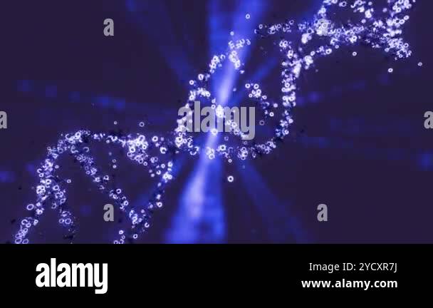 3d animation loop glowing and flashing DNA in blue color while floating ...