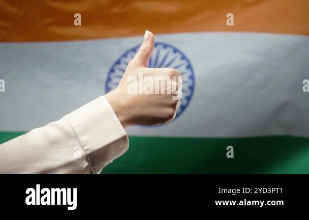 Woman Makes Hand Sign Like, Thumb Up Gesture on indian flag background ...