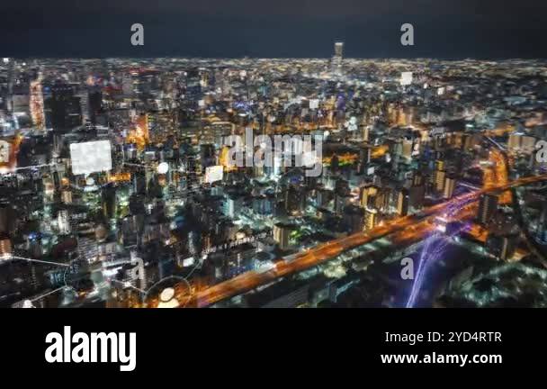 Vibrant timelapse of huge city at night with dynamic data visualization ...