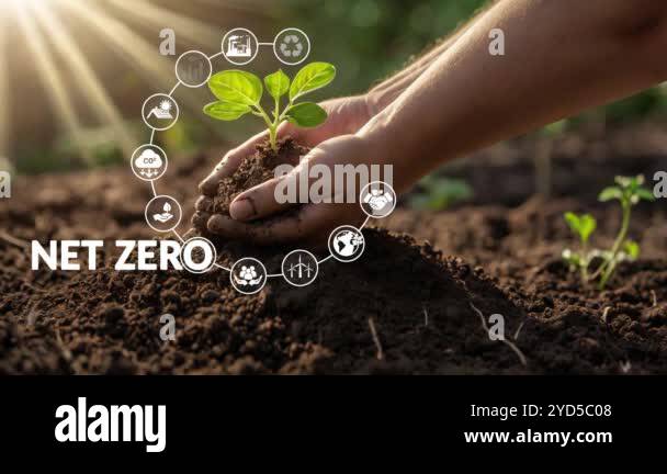 Hand of human holding green earth with green net zero icon. Net zero ...
