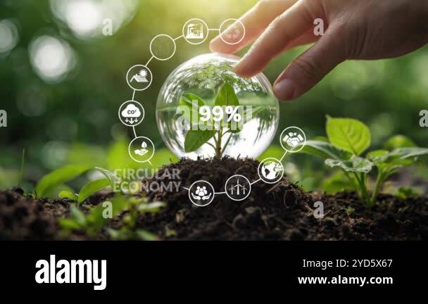 Crystal globe with Circular economy icon on green nature background, Circular economy ...