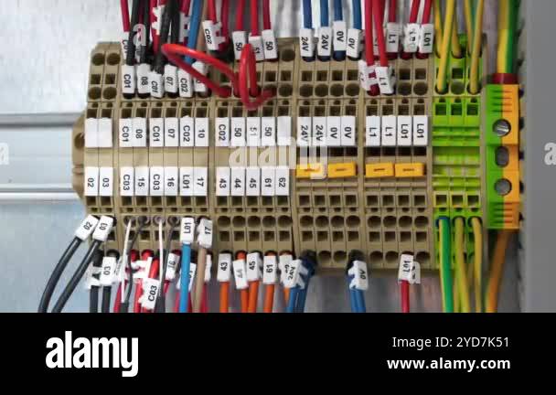 Terminal blocks in electrical cabinet. Industrial electrical equipment ...