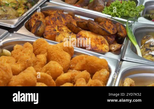Various boiled, fried and deep-fried foods in fast food restaurant ...