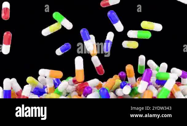 Colored medicament capsules falling and fill the screen. 3D animation ...
