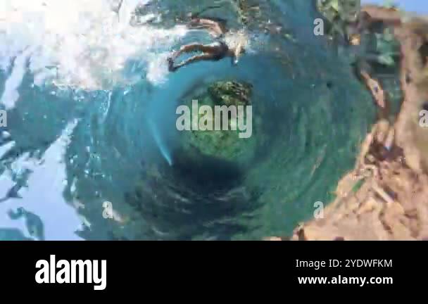 A diver in the water, seen in a Tiny Planet effect, surrounded by rocks ...