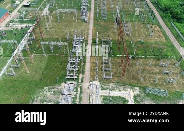 High voltage electrical substation. View from flying drone. Power plant ...