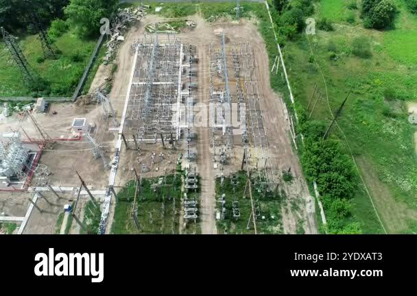 High voltage electrical substation. View from flying drone. Power plant ...
