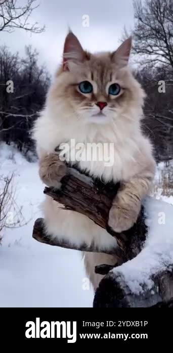 This video shows a fluffy, light-colored cat, possibly a Siberian ...
