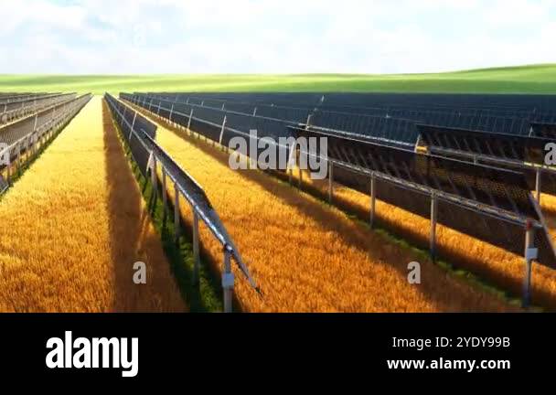 Solar panel installation stretching across wheat field. The solar ...