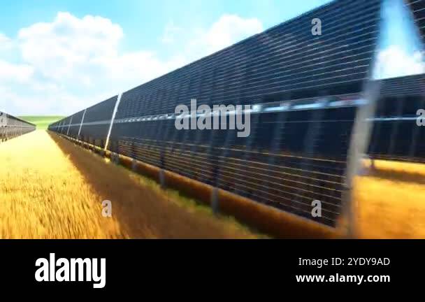 Solar panel installation stretching across wheat field. The solar ...