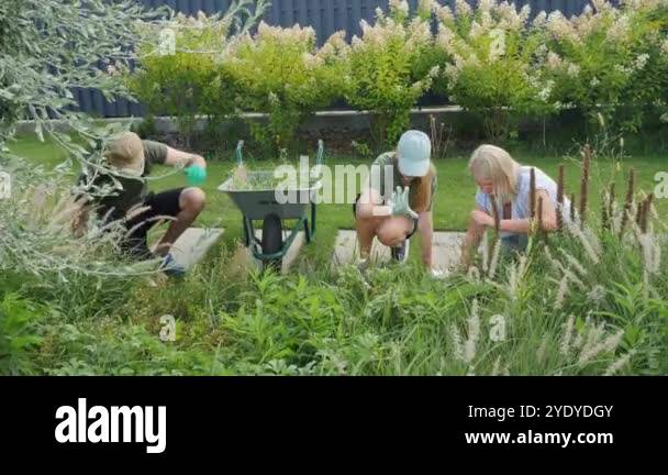 A family engaged in garden landscaping, removing weeds from the backyard to enhance the gardens ...