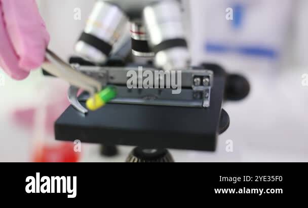 Medical worker puts capsule under microscope lens in laboratory ...