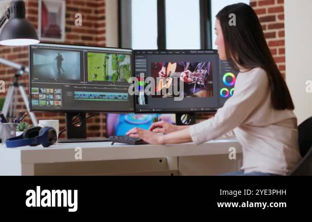 Freelancer asian woman video creator works on a movie project ...