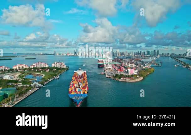 Cargo ship services with container in Miami, aerial view. Freight ...