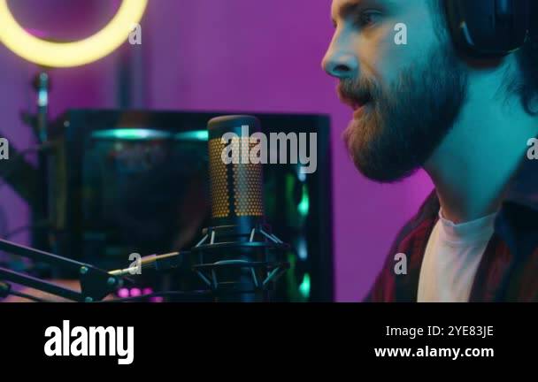 Concentrated Caucasian man gamer blogger male influencer vlogger ...