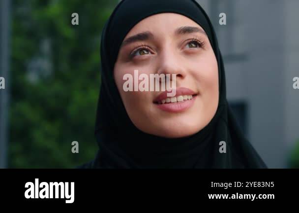 Portrait toothy smiling happy Muslim woman Arabian girl Indian female ...