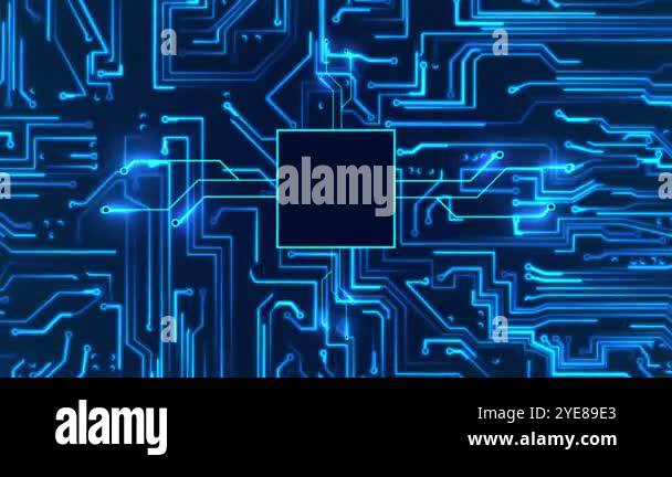 Circuit Board With Moving Electrons And Empty Space Square Data Flow On A Motherboard Glowing