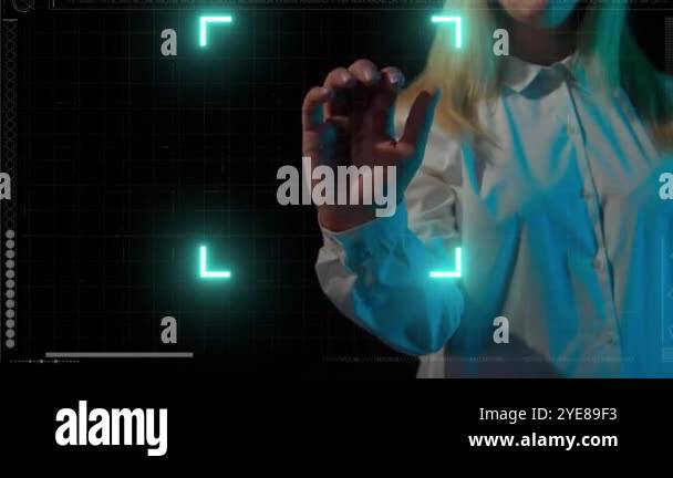 Cyber security modern technology infographics. Woman hand touches glass ...