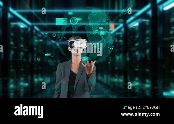 Woman taking up circle finance data dynamic world monitor by VR future global market interface ...