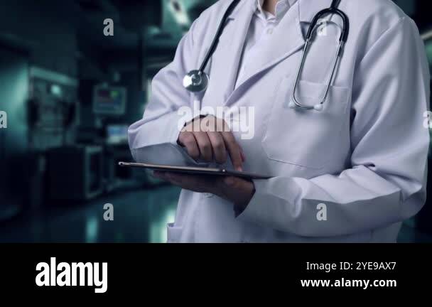 Close up of skilled medical worker holding tablet with DNA holographic ...
