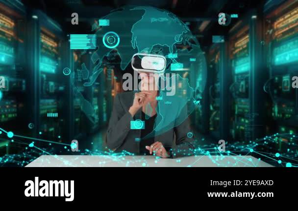 Businesswoman selecting dynamic market data analysis rotate world graph ...