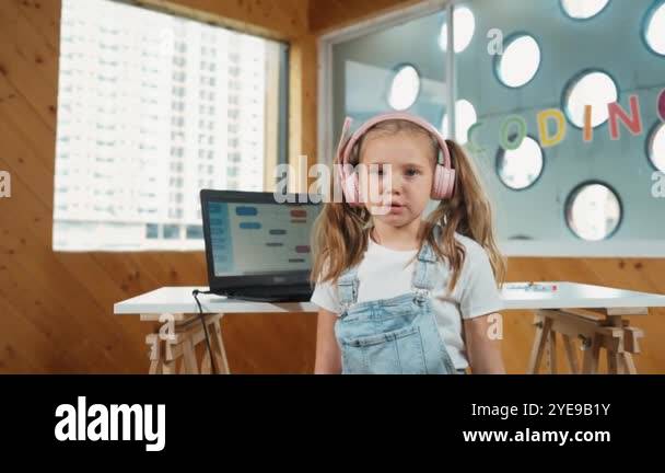 Caucasian tired girl bored while laptop screen display engineering prompt programing code ...