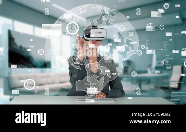 Woman selecting market world dynamic data research analysis sliding ...