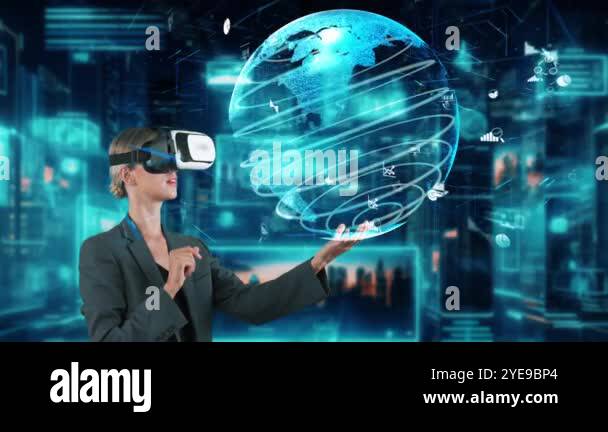 Woman looking finance big data dynamic rotating dynamic world screen by VR future global market ...
