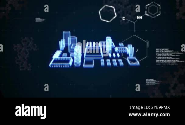 Chemical structures and molecular formulas animation over futuristic cityscape. Science ...