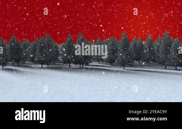 Snow falling animation over snowy forest with red sky background ...