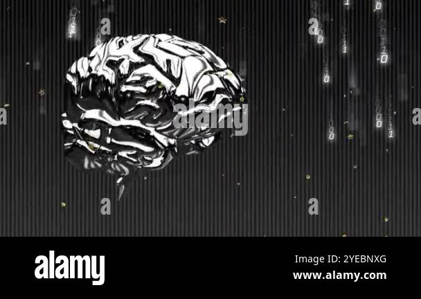 Binary code and brain model animation over dark vertical lines ...