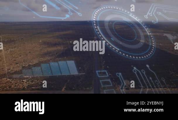 Digital interface elements and data processing animation over aerial view of landscape ...
