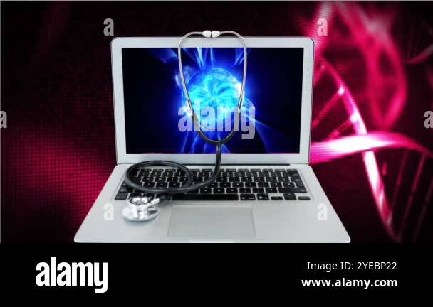 Stethoscope and digital brain animation over laptop, symbolizing ...