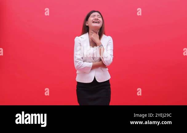 young female wearing white office suit sore throat pain, arms around ... young female wearing white office suit sore throat pain, arms around ...