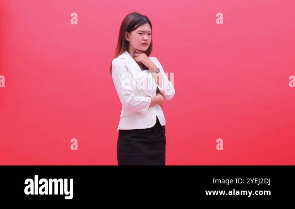 young female wearing white office suit sore throat pain, arms around ... young female wearing white office suit sore throat pain, arms around ...