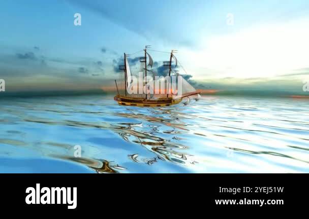 Sailing Ship Sails on the Sea, Water Waves, Exclusive, Sky Reflection ...