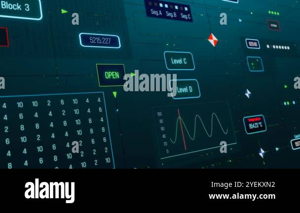 Display of a node tree, control panel, user interface, control desk of a factory. Displays ...