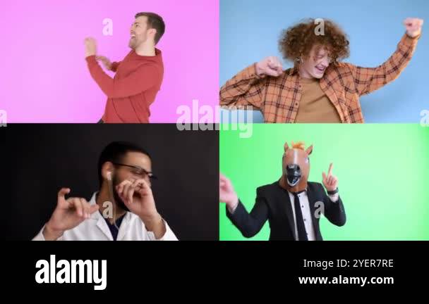 Video collage of insanely happy men of different appearances dancing on ...