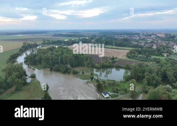 Flood river flooding Morava water, drone aerial weir on Morava river ...