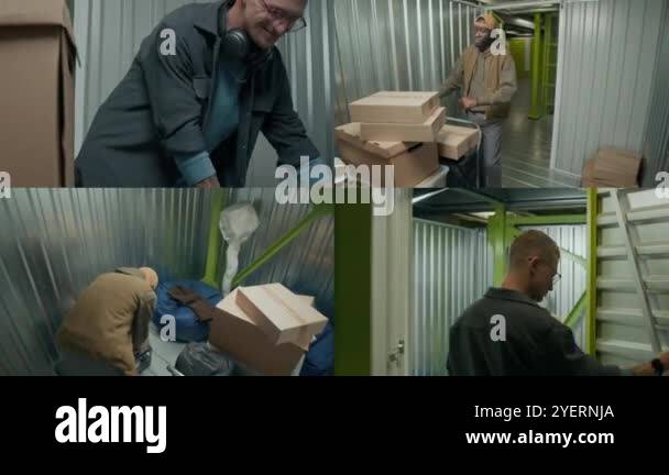 Split screen of two diverse men organizing their belonging inside metal ...