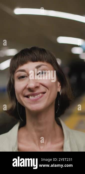 Vertical Shot Young Girl Smiling Standing At The Subway Station Face 8652
