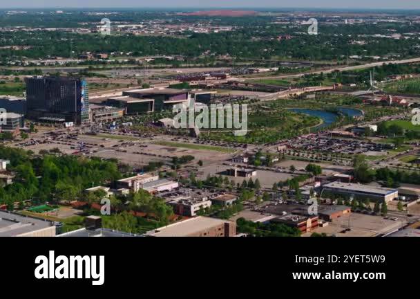 Dynamic cityscape of Oklahoma City with low buildings and traffic from ...
