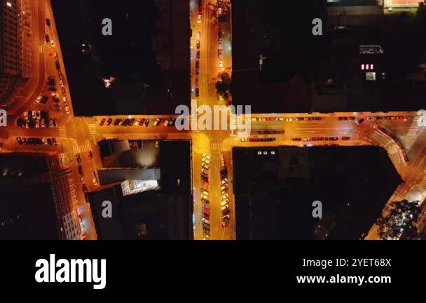 Birds eye view of a crossroad in Prague at night, showing cars moving ...